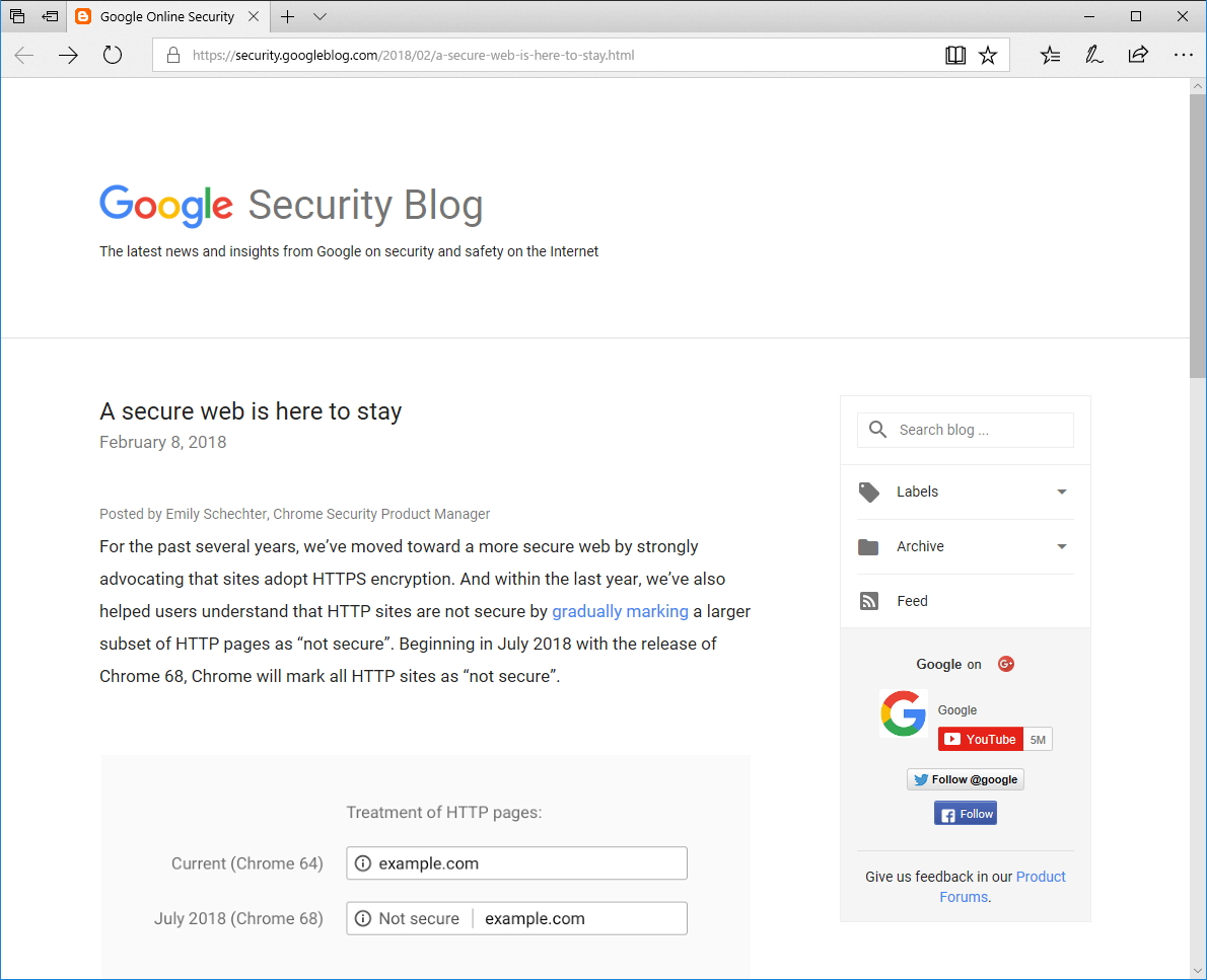 [B! browser] 「Google Chrome 68」ではすべてのHTTP接続サイトが“安全でない”サイト扱いに／アドレスバー左端には“！”に加え“保護されていない通信”と表示されるようになる