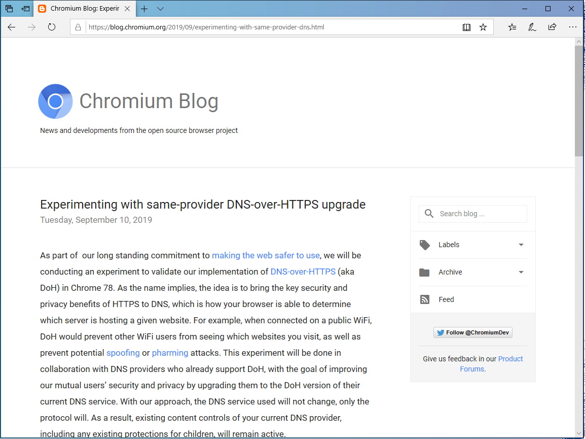 Google、「Chrome 78」で“DNS-over-HTTPS”を実験 - 窓の杜