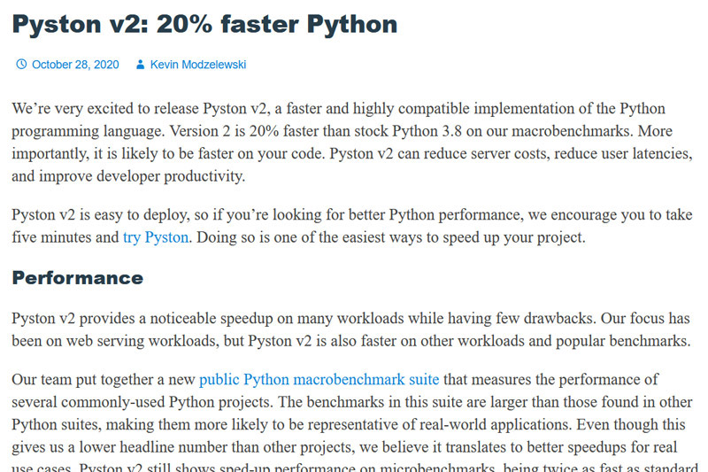 パフォーマンス重視で開発されている代替Python実装「Pyston」v2.0が公開 ほか - ダイジェストニュース - 窓の杜