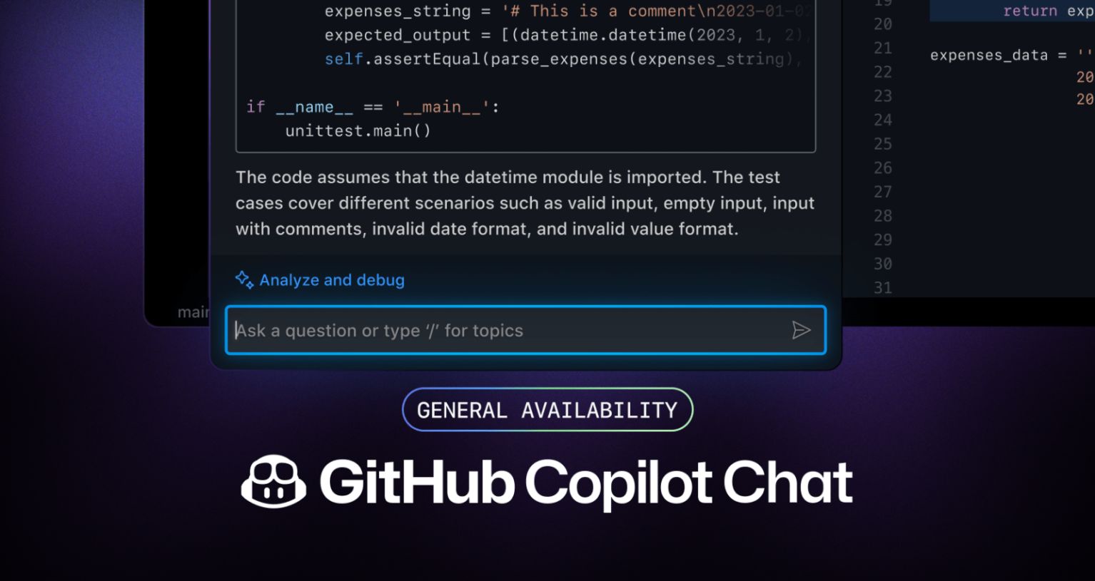 アプリ開発をAIが助けてくれる「GitHub Copilot Chat」、組織・個人向けに一般提供開始 - 窓の杜