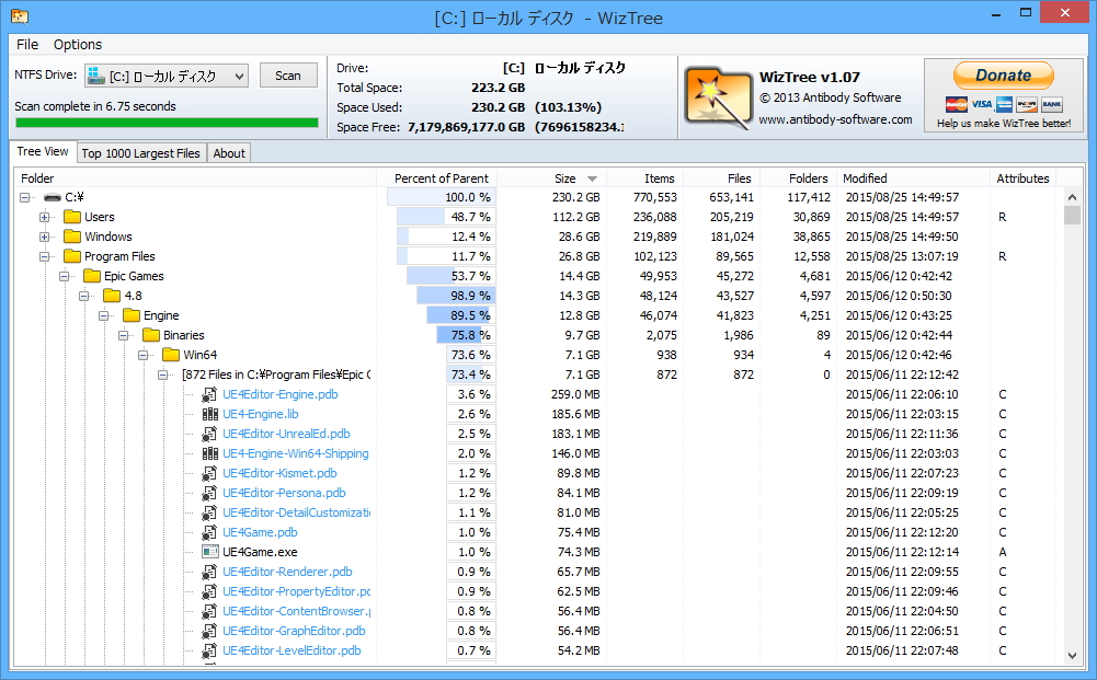 [B! windows] MFTを読むことで高速にフォルダーやファイルのディスク占有率を可視化する「WizTree」NOT SUPPORTED